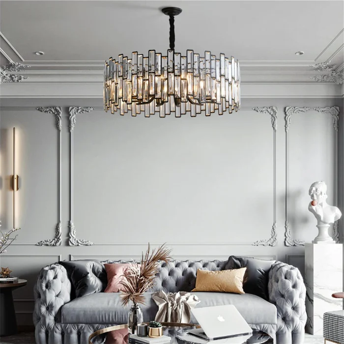 600mm Farmhouse Crystal Chandelier | Black Cylinder Drum Shade Crystal ...